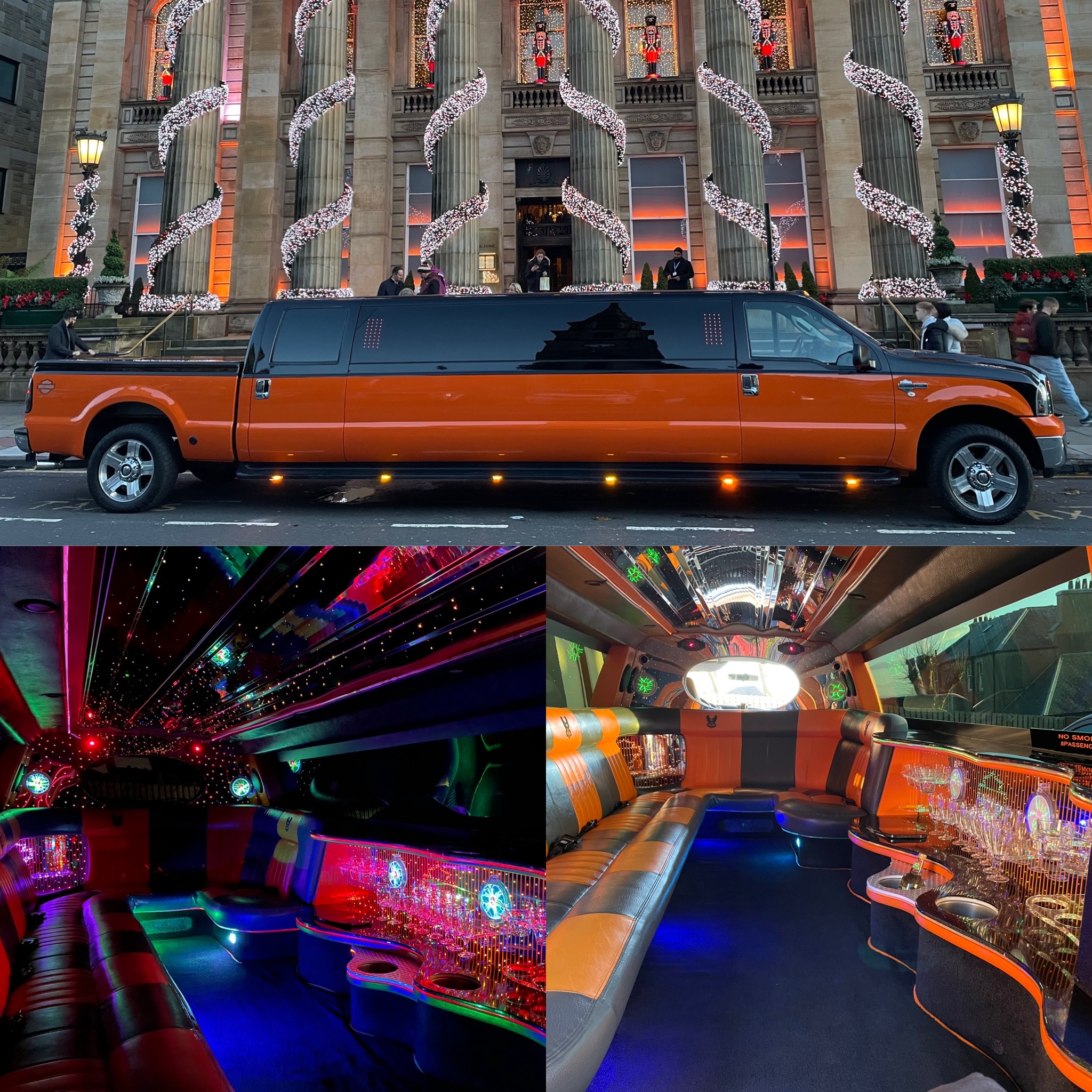 Two tone Orange & Black Ford F250 (hummer style) Limousine.